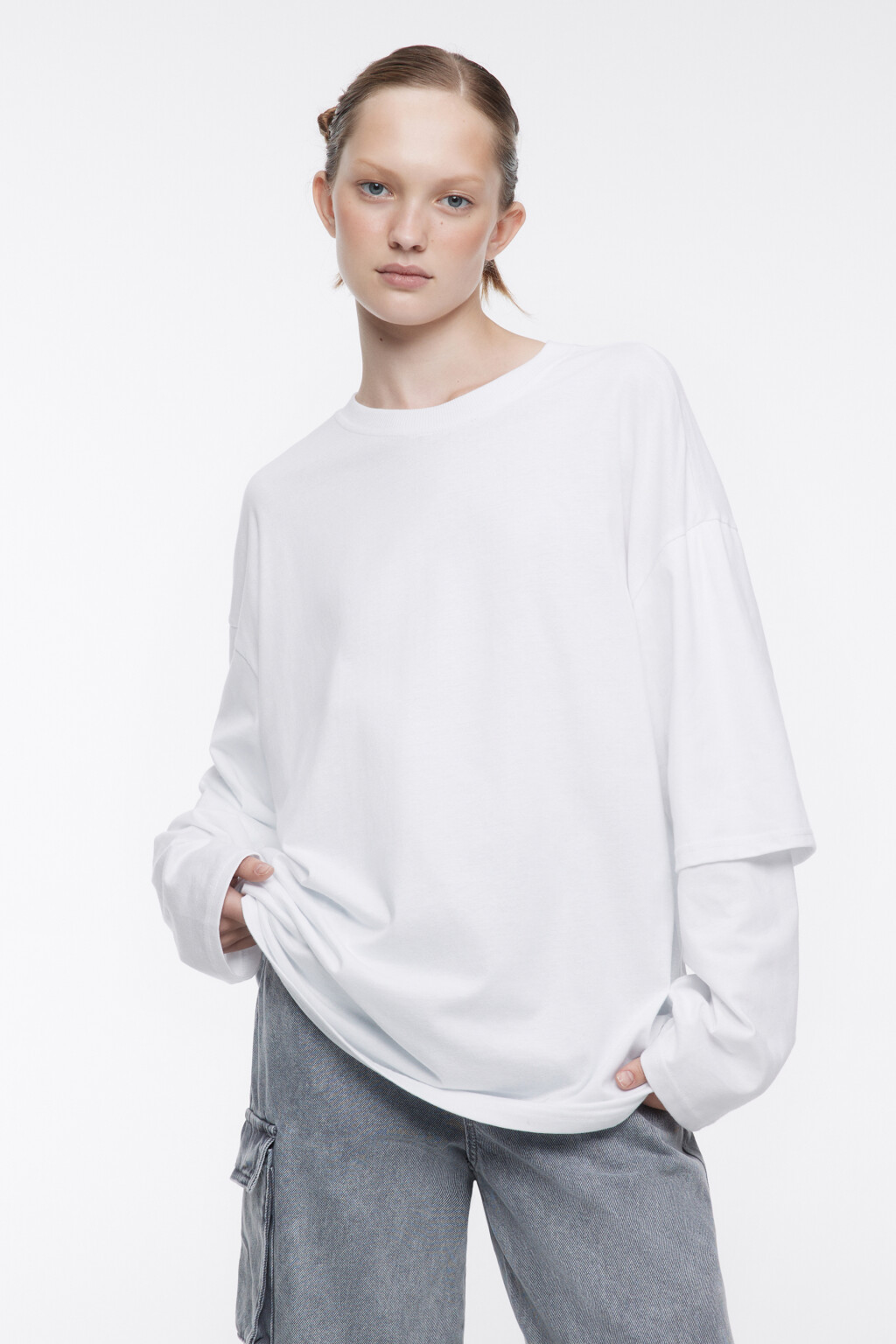 Лонгслив oversize хлопковый с двойными рукавами 2341849452, цвет: белый ...